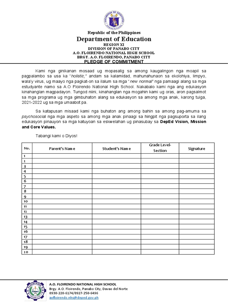 Pledge of Commitment Parents | PDF
