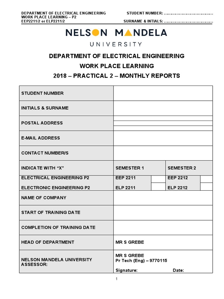 Department of Electrical Engineering Work Place Learning 2018 ...