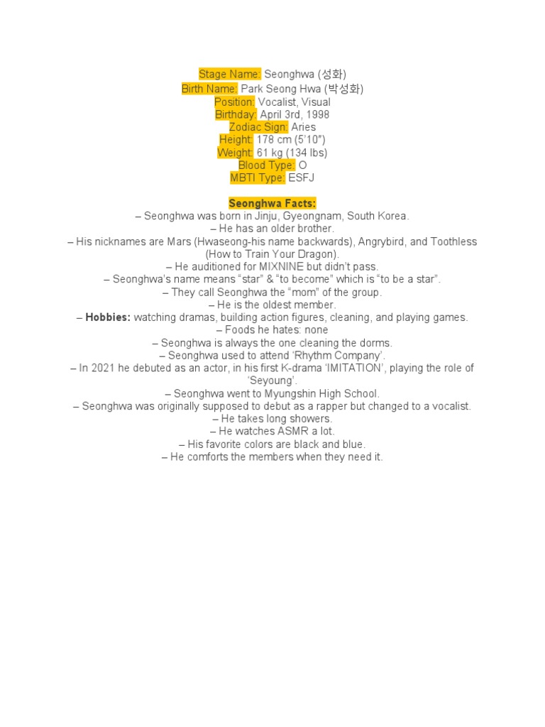 Seonghwa: Profile and Fun Facts | PDF
