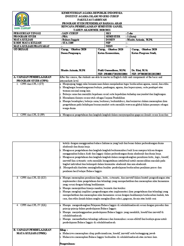 RPS Bahasa Inggris Pba | PDF