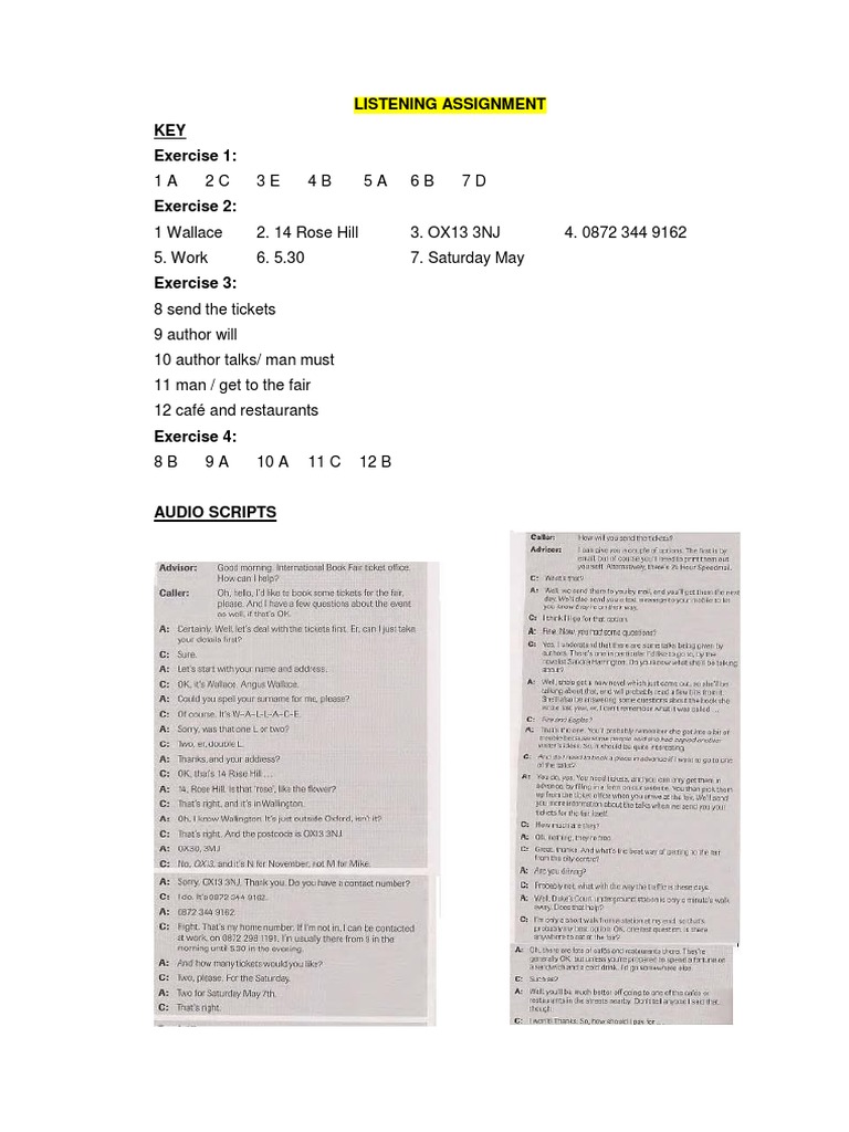 1 A 2 C 3 E 4 B 5 A 6 B 7 D: Listening Assignment KEY Exercise 1 | PDF