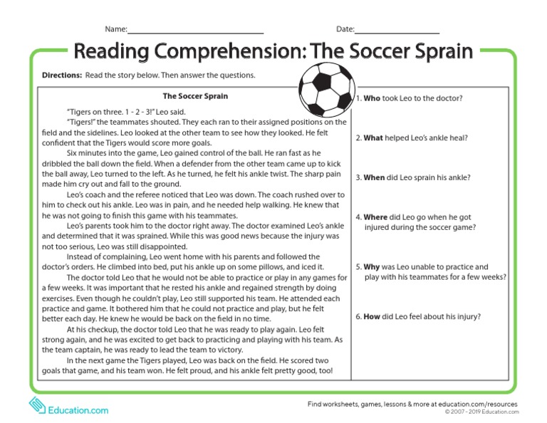 Reading Comprehension: The Soccer Sprain: Directions: Read The Story ...