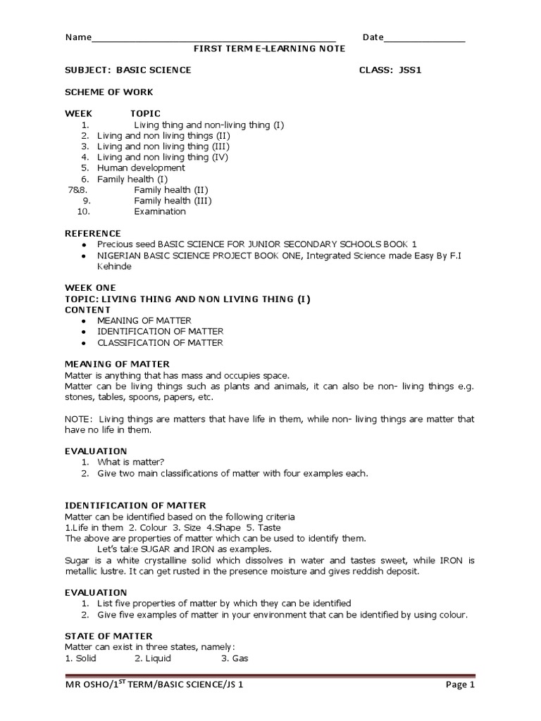 JSS1 Basic Science First Term Notes | PDF | Puberty | Gases