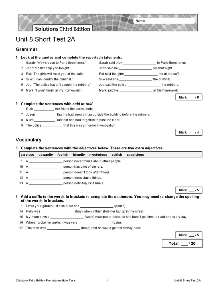 Unit 8 Short Test 2A Grammar & Vocabulary | PDF | Grammar | Languages