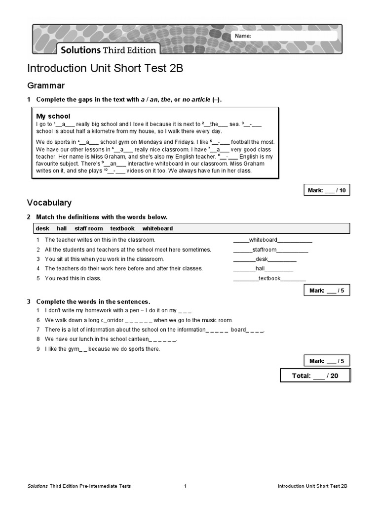 Introduction Unit Short Test 2B: Grammar | PDF