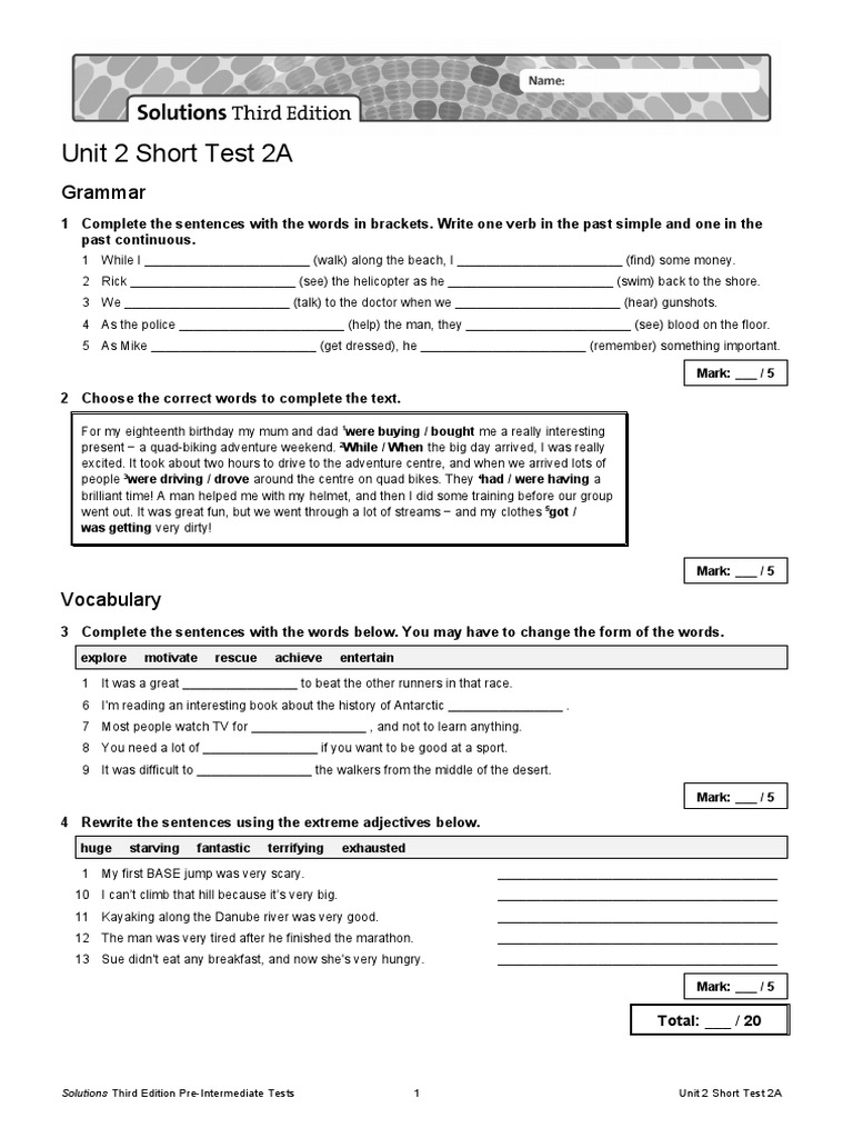 Unit 2 Short Test 2A: Grammar | PDF