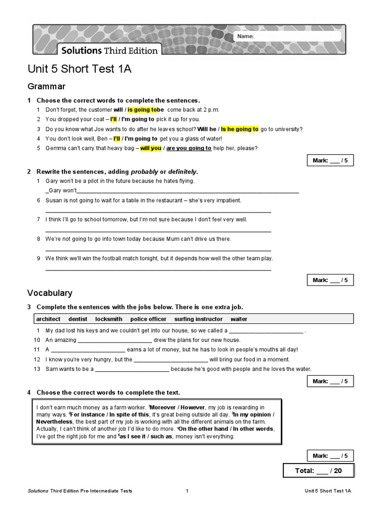 Unit 5 Short Test 1A: Grammar | PDF