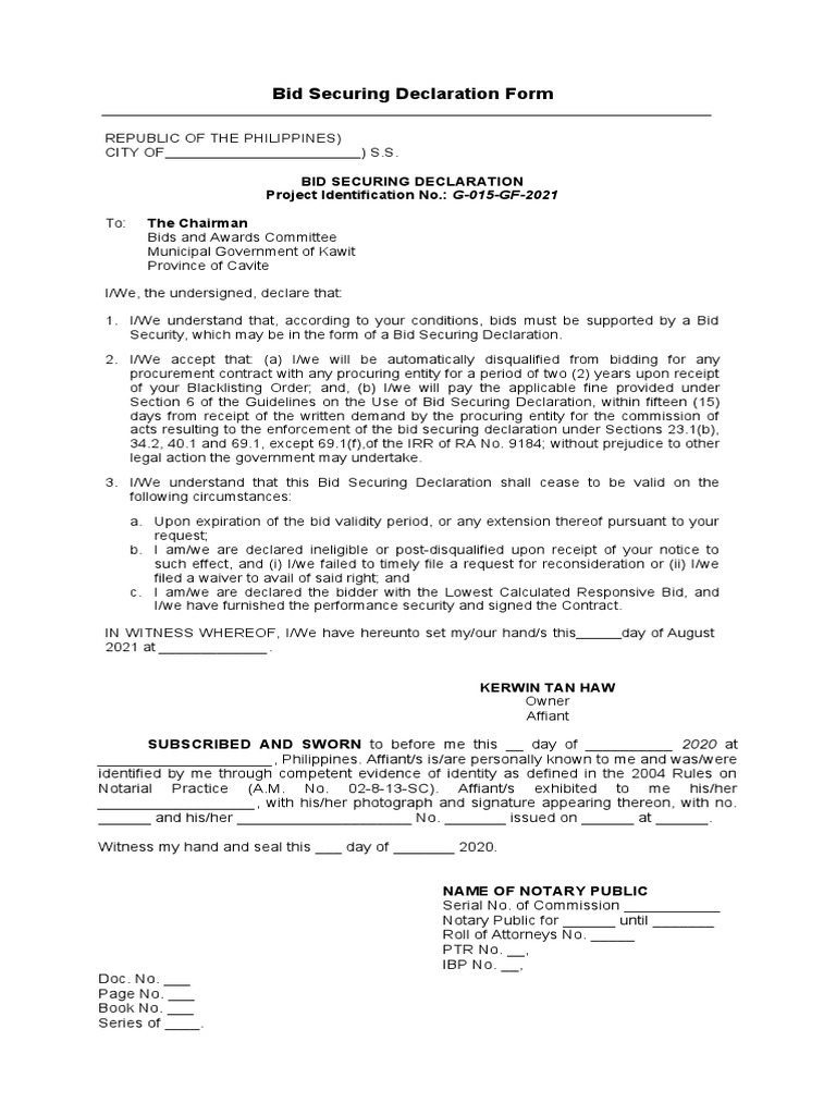 Bid Securing Declaration Template | PDF | Public Law | Civil Law ...