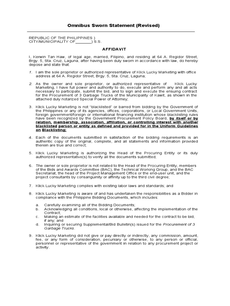 Omnibus Sworn Statement (Revised) : Affidavit | PDF | Fraud | Affidavit