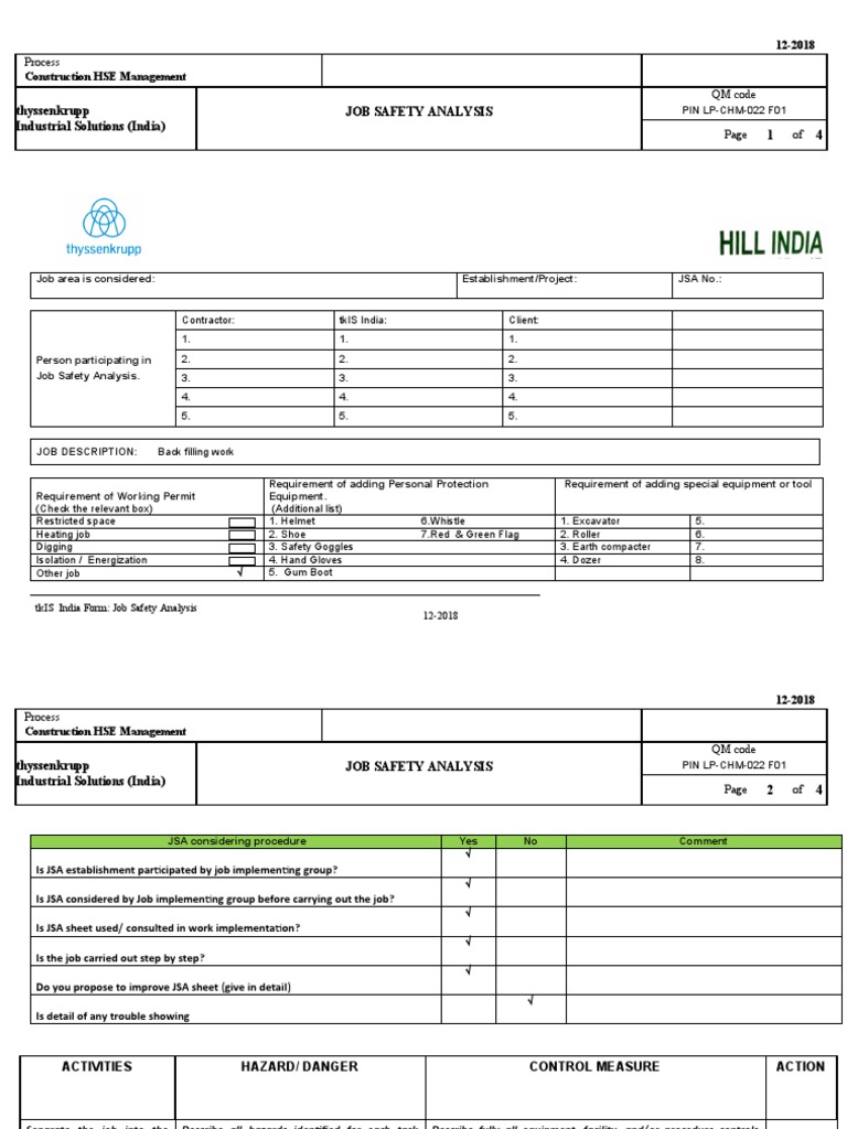 Back Filling-Job Safety Analysis | PDF | Vehicles | Truck