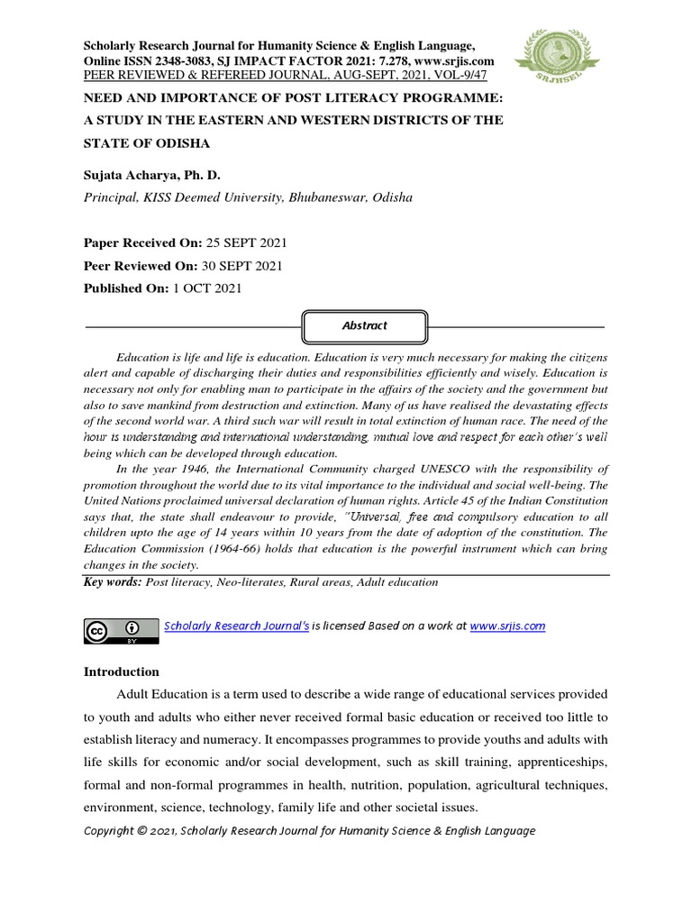 Need and Importance of Post Literacy Programme: A Study in The Eastern ...