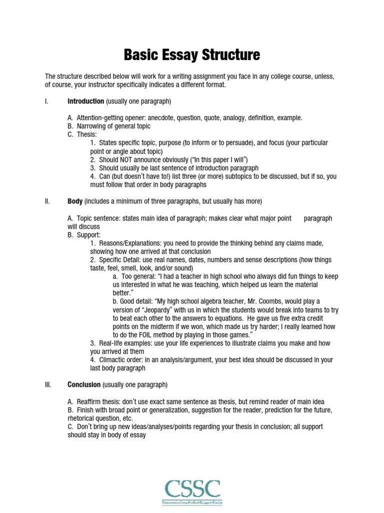 Basic Essay Structure: Introduction (Usually One Paragraph) | PDF ...