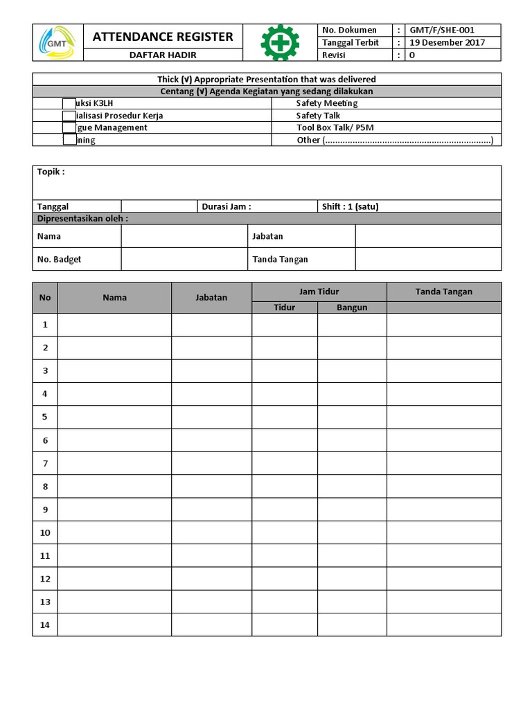 GMT - F - SHE-023 - Daftar Hadir SAFETY TALK | PDF