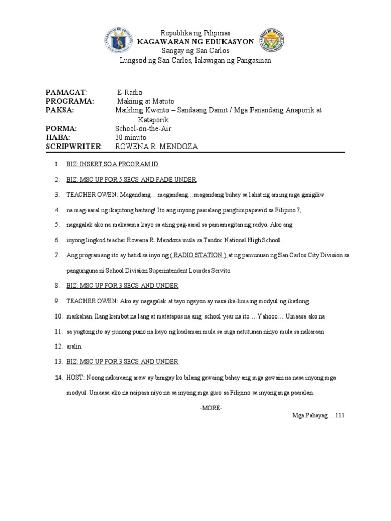 RBI - SCRIPT FILIPINO 7 - MODULE5 - Q3 - MODYUL 5-Owen - New-Part 1 and 2 | PDF