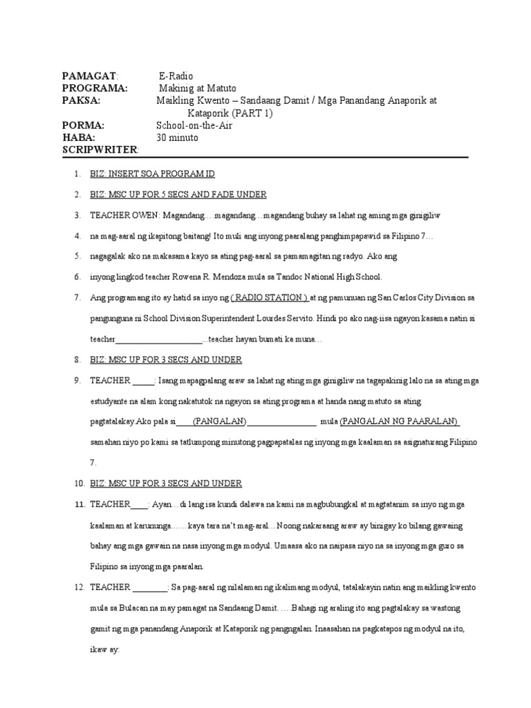 RBI - SCRIPT FILIPINO 7 - MODULE5 - Q3 - MODYUL 5-Owen - New-Part 1 and Part 2 | PDF
