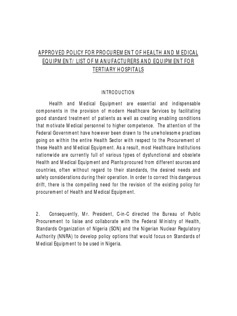 Approved Policy For The Procurement of Health and Medical Equipment and ...