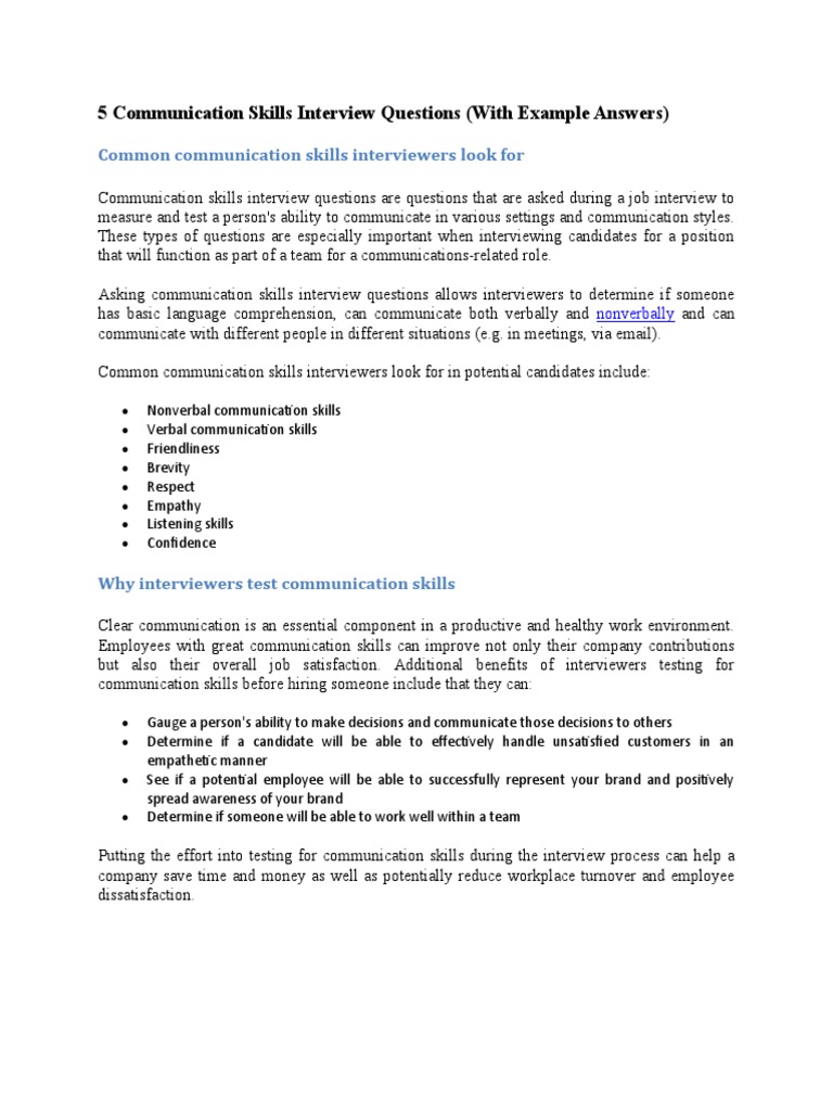 5 Communication Skills Interview Questions (With Example Answers) | PDF ...