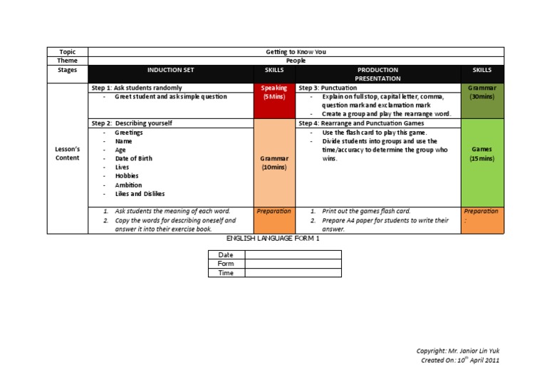 Lesson Plan - Getting To Know You (Form 1) | PDF | Teaching | Punctuation