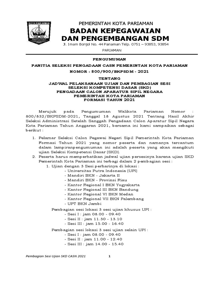 Pengumuman Jadwal Seleksi SKD Dan Pembagian Sesi Ujian SKD | PDF Pengumuman Jadwal Seleksi SKD Dan Pembagian Sesi Ujian SKD | PDF