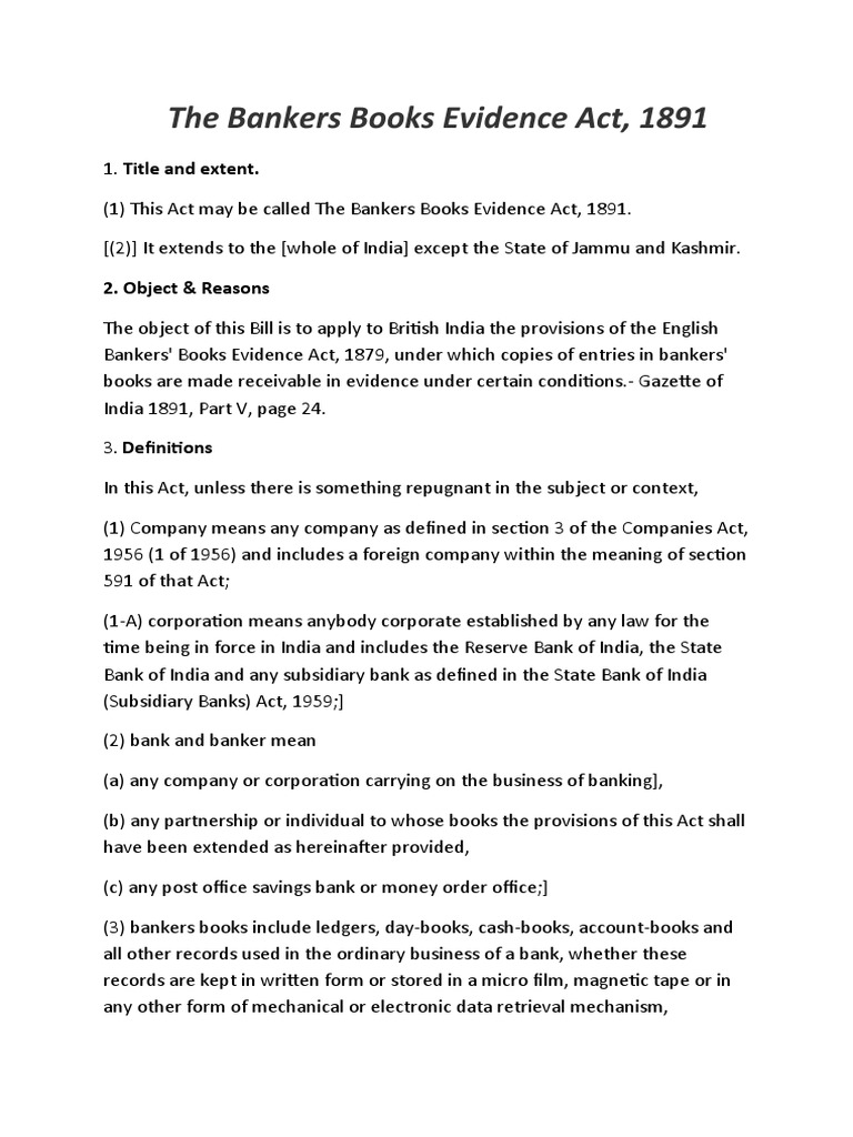 The Bankers Books Evidence Act, 1891, Definitions, Applicability ...