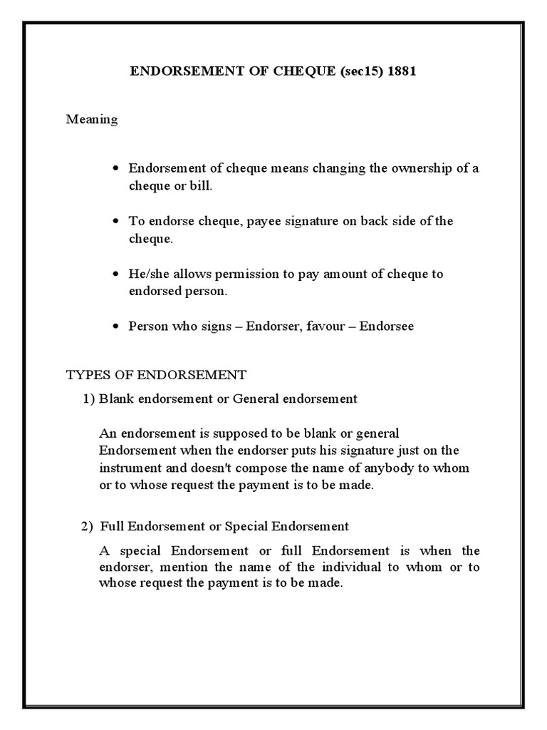 Endorsement and Types of Cheque | PDF
