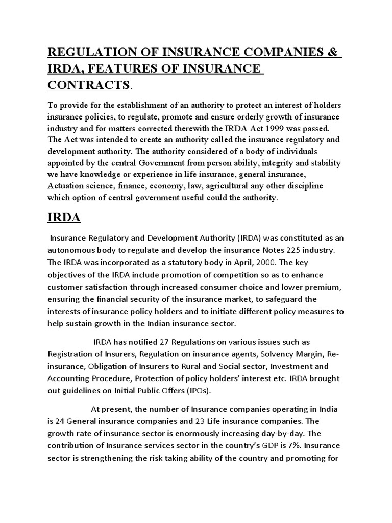 Regulation of Insurance Companies & Irda, Features of Insurance ...
