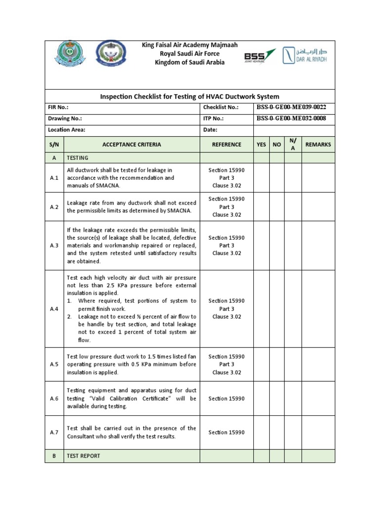 Inspection Checklist For Testing of HVAC Ductwork System | PDF | Duct ...