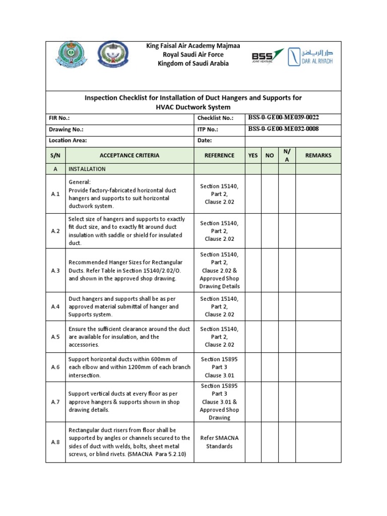 Inspection Checklist For Installation of Duct Hangers and Supports For ...