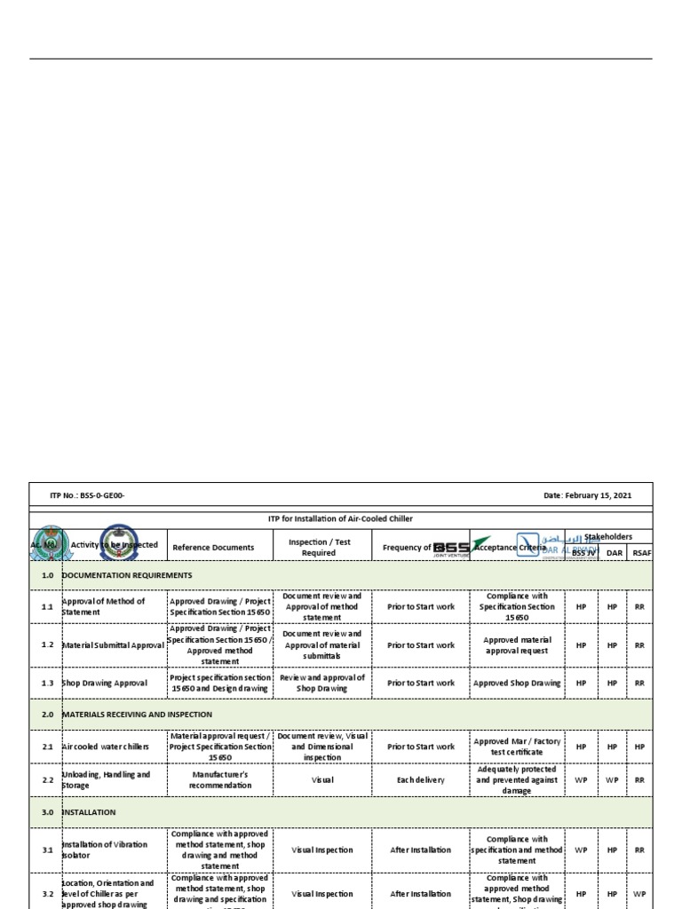 02 Inpection and Test Plan - Installation of Air-Cooled Chillers | PDF ...
