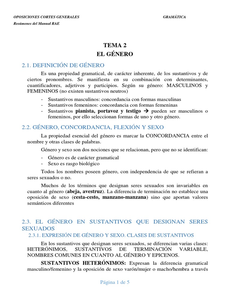 Gramatica Tema 2 El Género | PDF | Género gramatical | Sustantivo