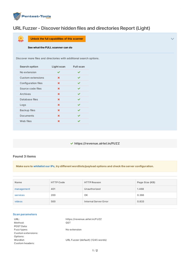 URL Fuzzer - Discover Hidden Files and Directories Report (Light) | PDF | Hypertext Transfer ...