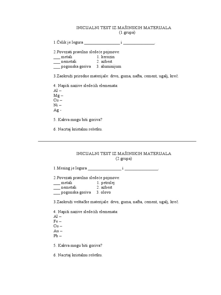 Inicijalni Test-Masinski Materijali | PDF
