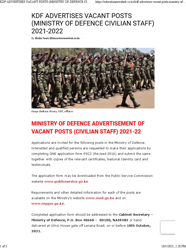 KDF Advertises Vacant Posts (Ministry of Defence Civilian Staff) 2021 ...