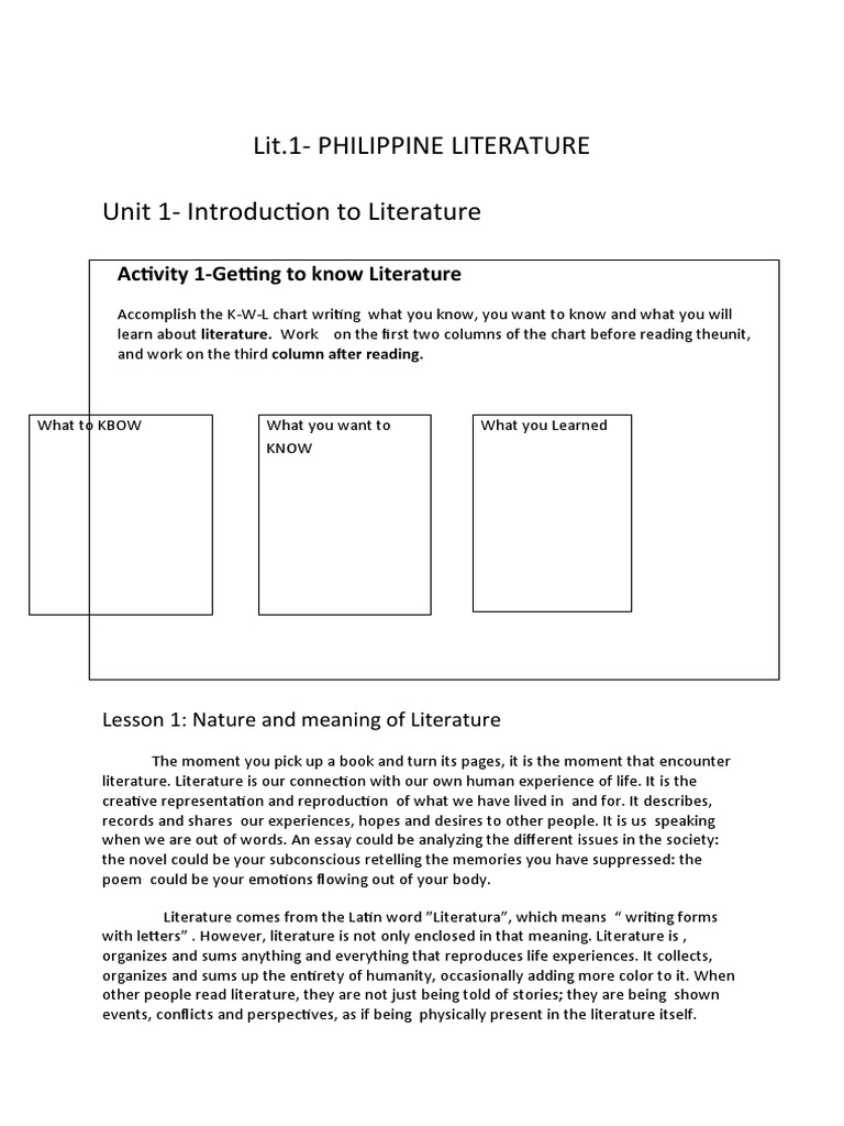 Lit 1 Philippine Literature Unit 1 Introduction To Literature Pdf