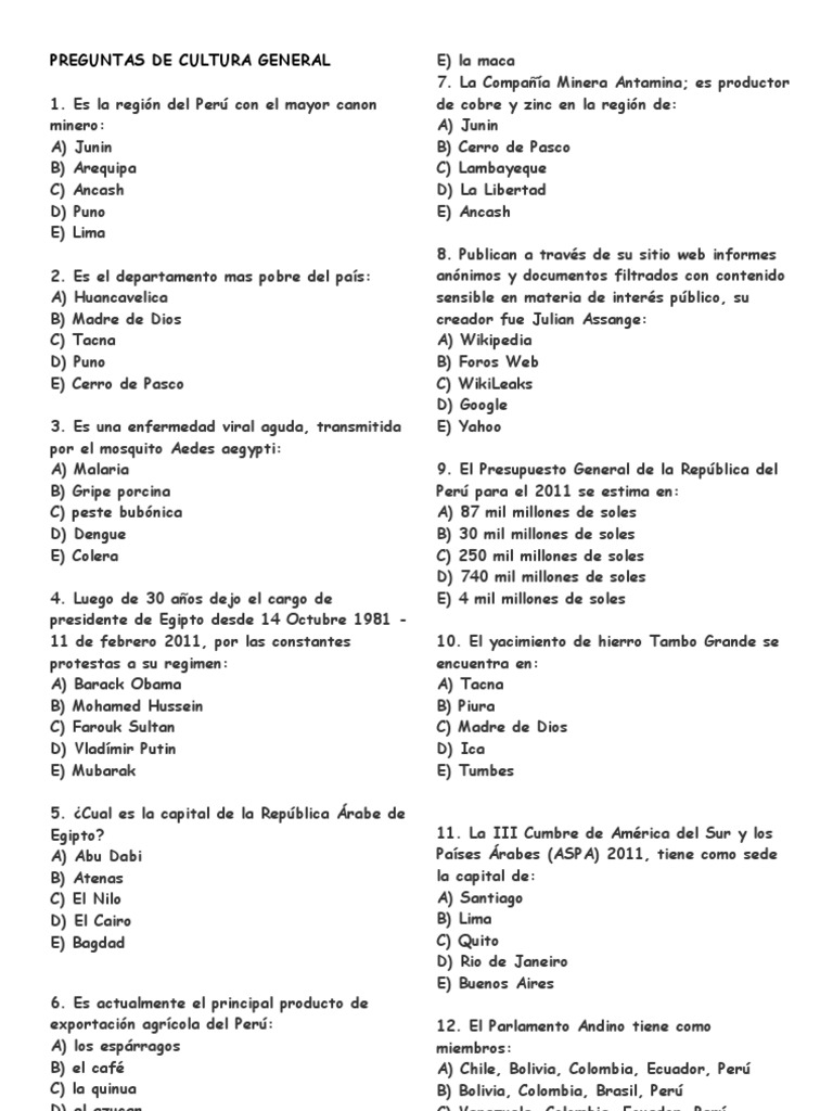 preguntas de cultura general | Perú | Chile