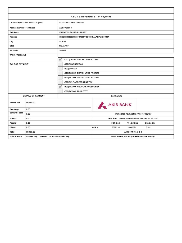 CBDT E-Receipt For E-Tax Payment | PDF