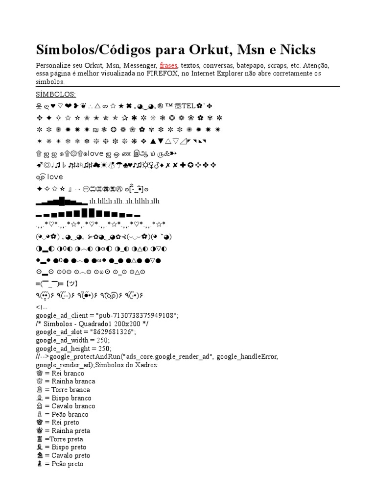 Símbolos e Códigos para Orkut, MSN e Nicks | PDF | Jogos competitivos ...