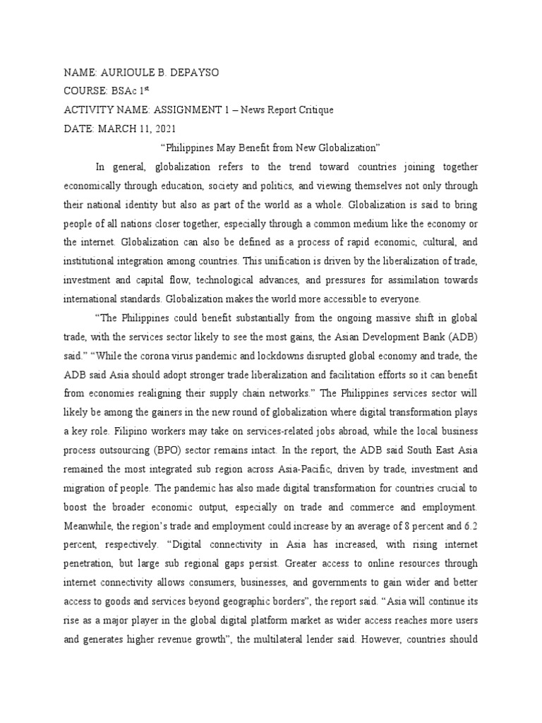 Contemporary World - Assignment 1 | PDF | Globalization | Outsourcing