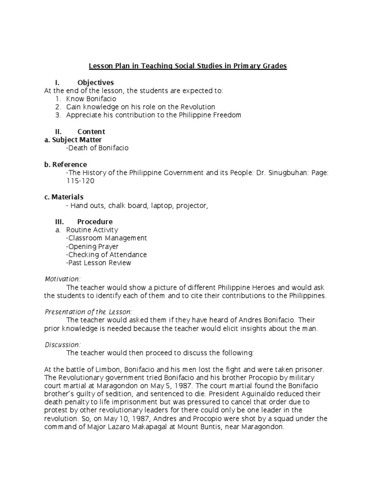 Lesson Plan in Teaching Social Studies in Primary Grades | PDF