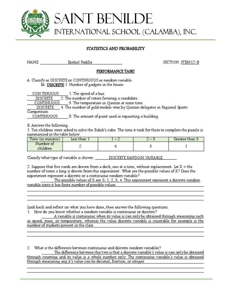 Perfomance Task Statistics Pdf Pdf Probability Distribution