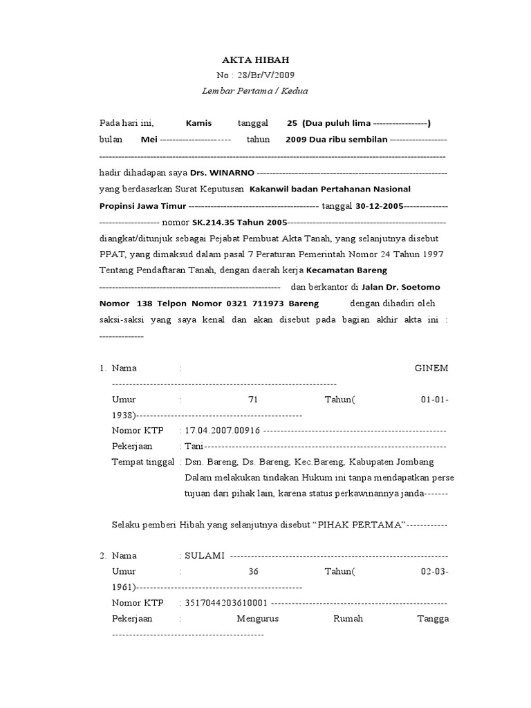 Akta Hibah Tanah di Jombang 2009 | PDF