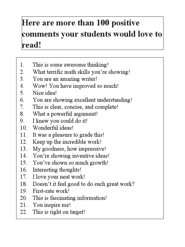 Here Are More Than 100 Positive Comments Your Students Would Love To ...