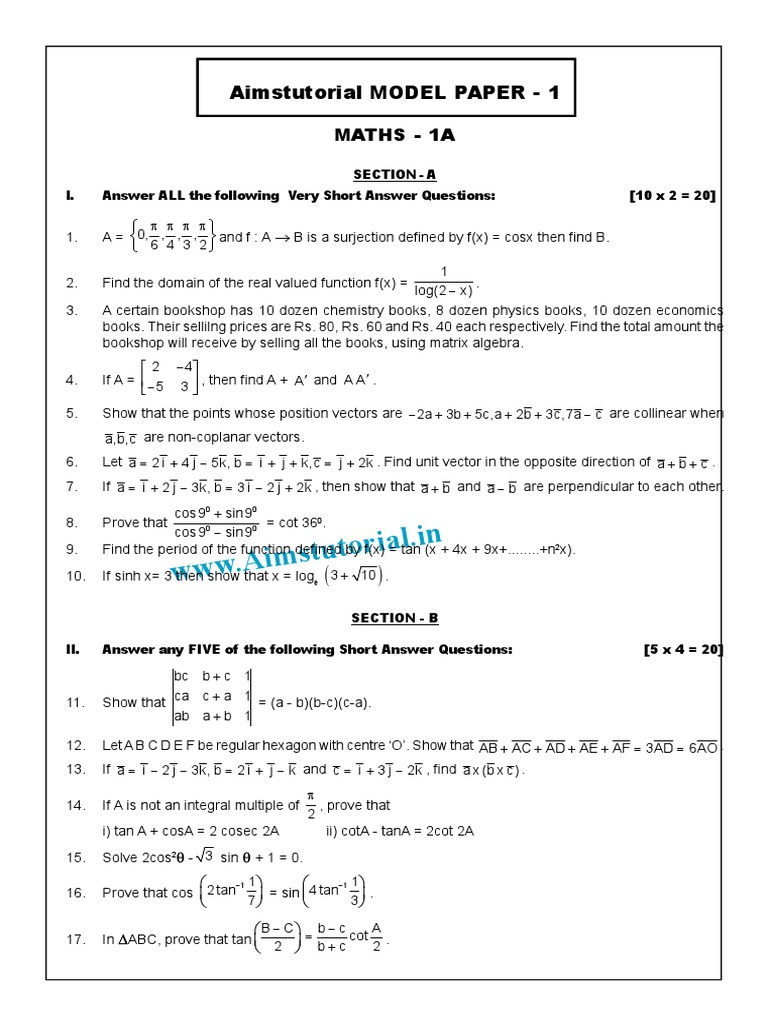 1a Model Guess Paper 1 Pdf Trigonometric Functions Function Mathematics