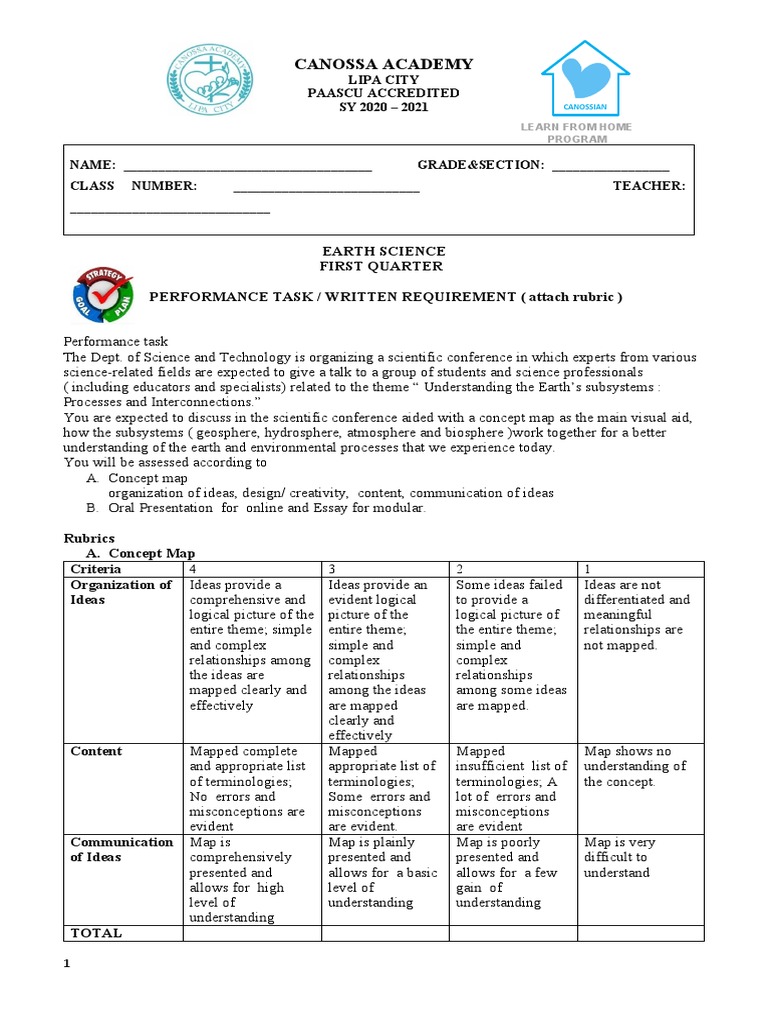 Canossa Academy: Earth Science First Quarter Performance Task / Written ...