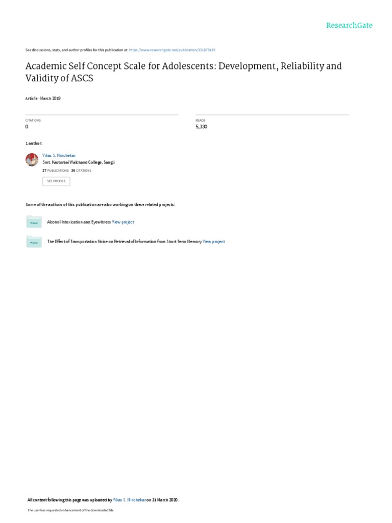 Academic Self Concept Scale For Adolescents Development Reliability and Validity of ASCS | PDF ...