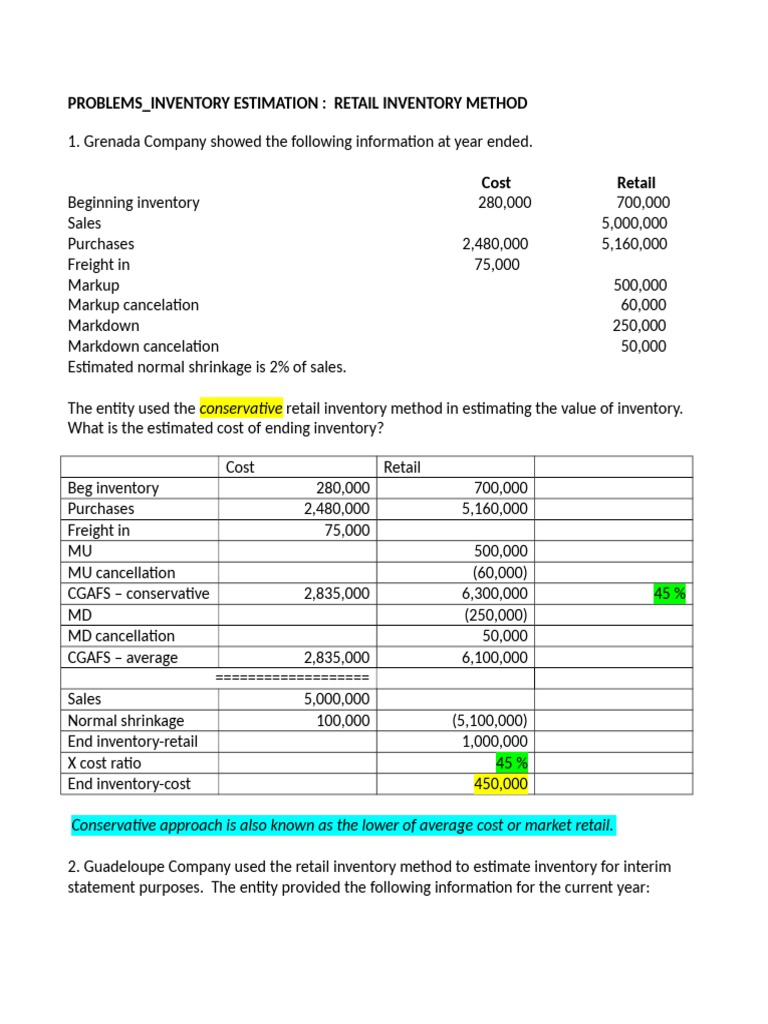 Problems Inventory Estimation Retail Inventory Method Pdf Cost 7875