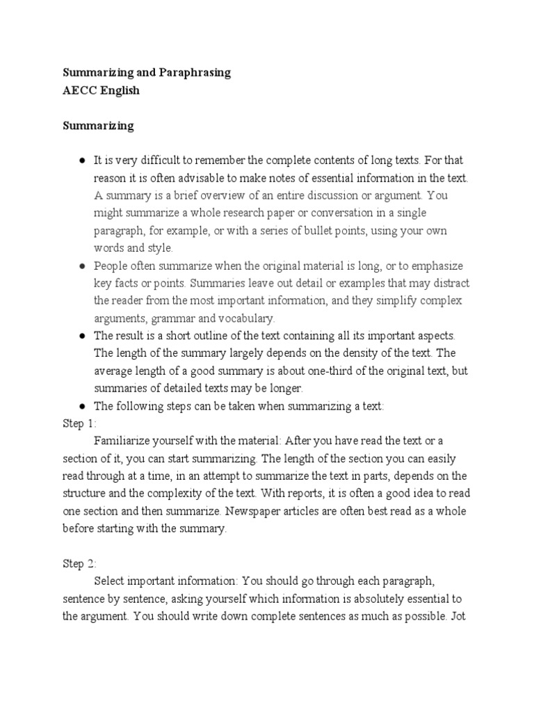 Summarizing vs Paraphrasing Guide | PDF | Sentence (Linguistics ...
