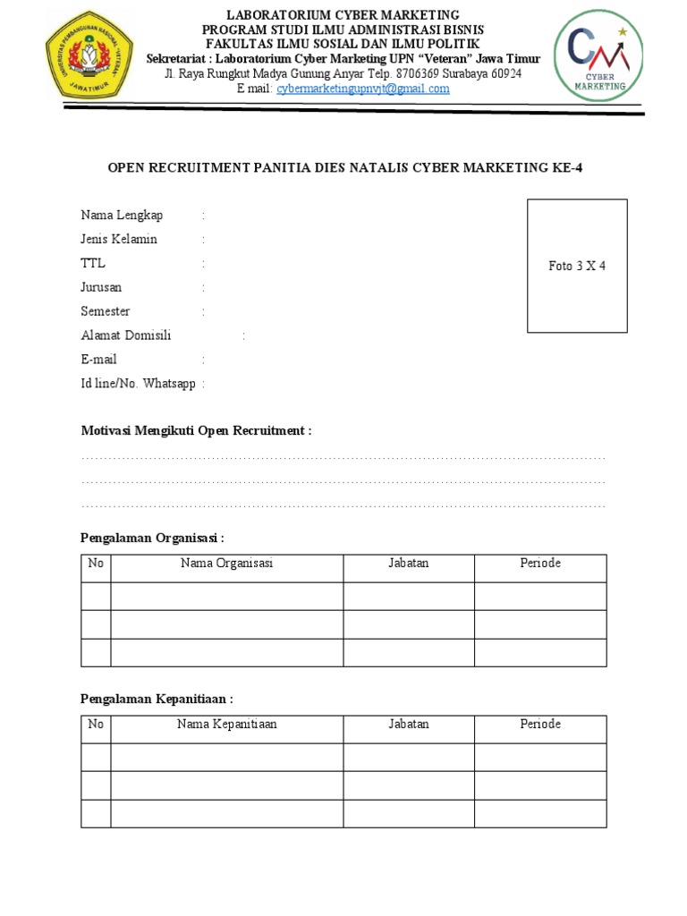 Formulir Open Recruitment Panitia Dies Natalis Lab. Cyber Marketing Ke ...