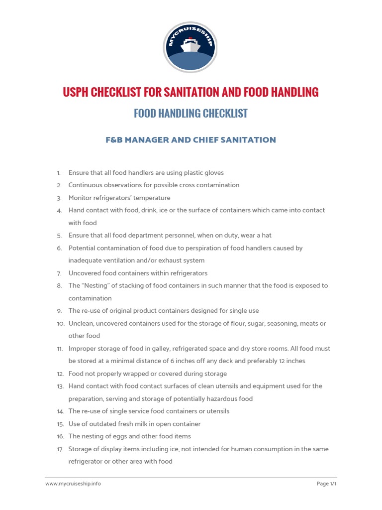 Usph Checklist For Sanitation and Food Handling | PDF