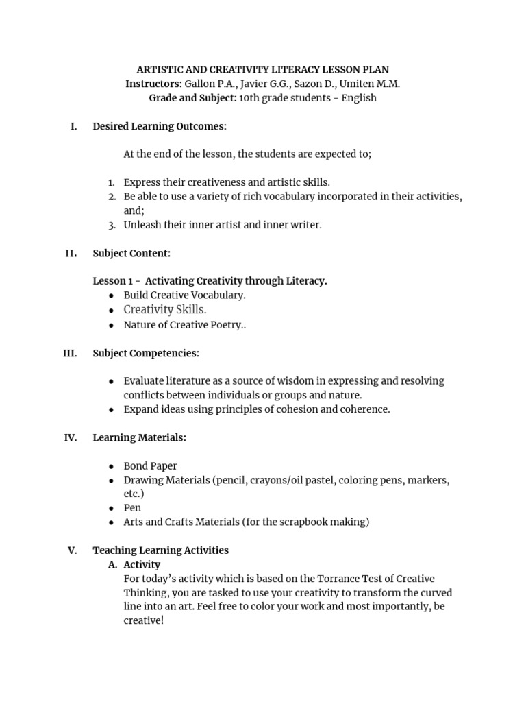 Lesson Plan Ed206 | PDF | Creativity | Lesson Plan